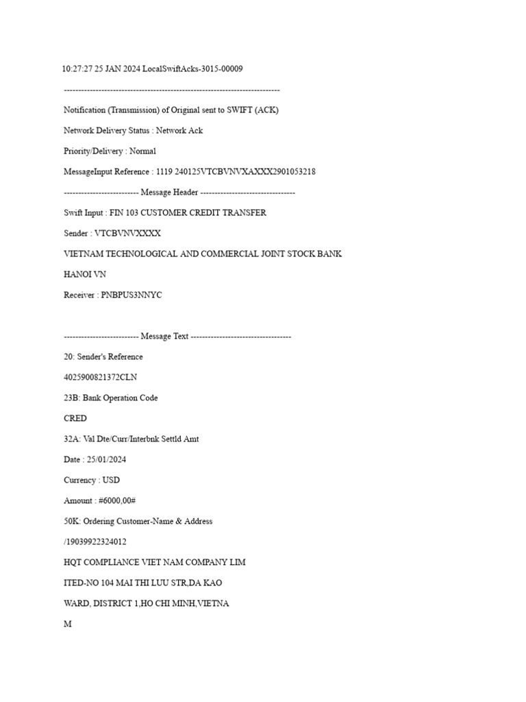 Swift Message 3190238 | PDF