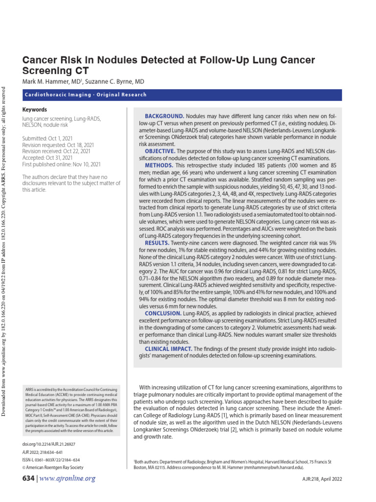 Cancer Risk in Nodules Detected at Follow-Up Lung Cancer | PDF | Ct ...