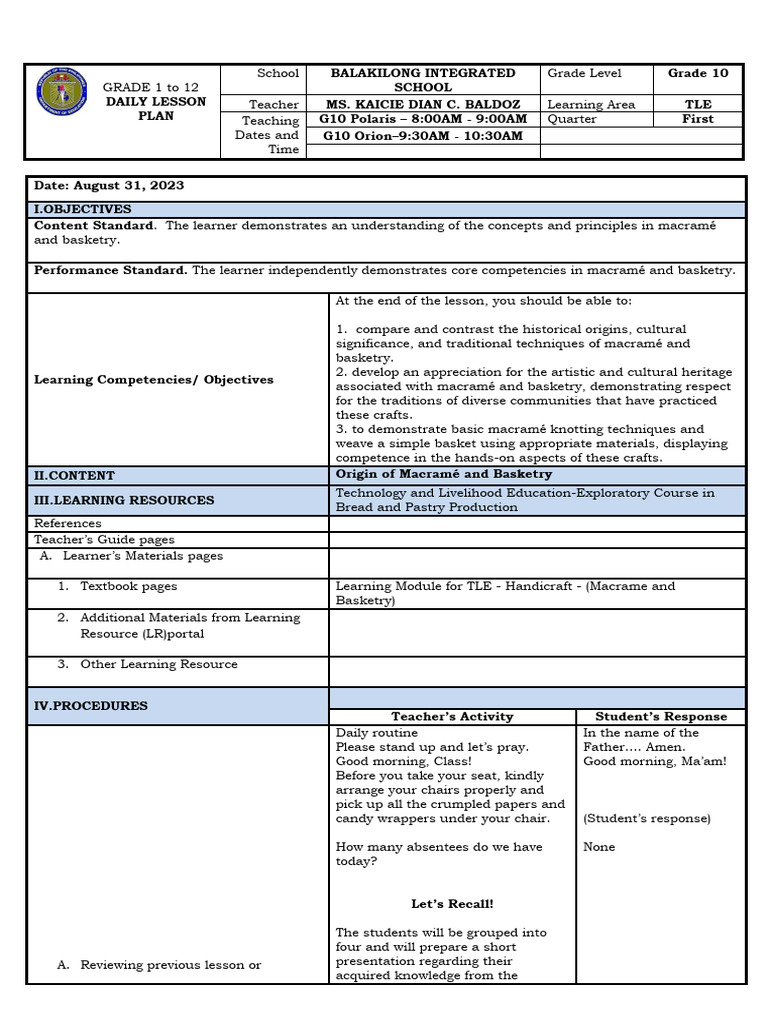 G10 August 30-31 Origin of Macramé and Basketry | PDF | Learning | Basket Weaving