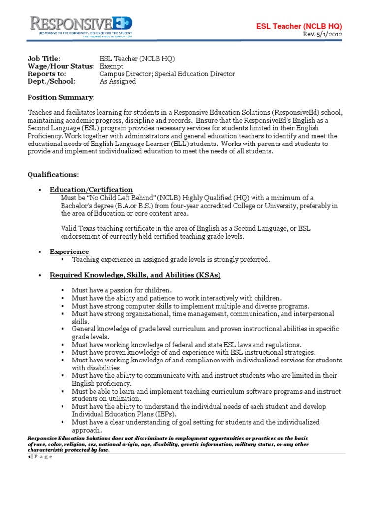 ESL Teacher Job Description - Certified Rev 11-11-2011 | PDF | English ...