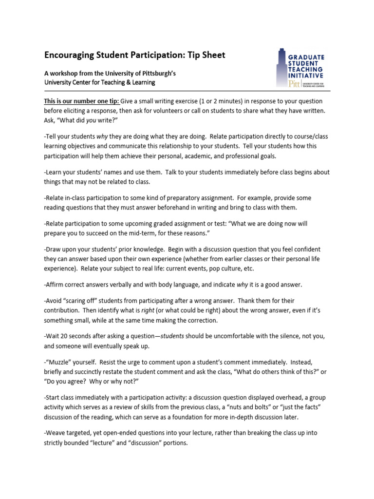 GSTI-Encouraging Student Participation Handout-Tip Sheet | PDF ...