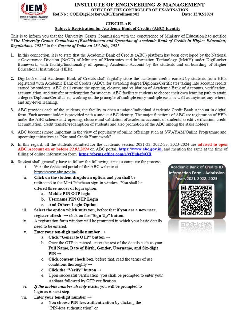 ABC Circular & Broucher - Iem - V2 - 2024-1 | PDF | Academic Degree | Personal Identification Number