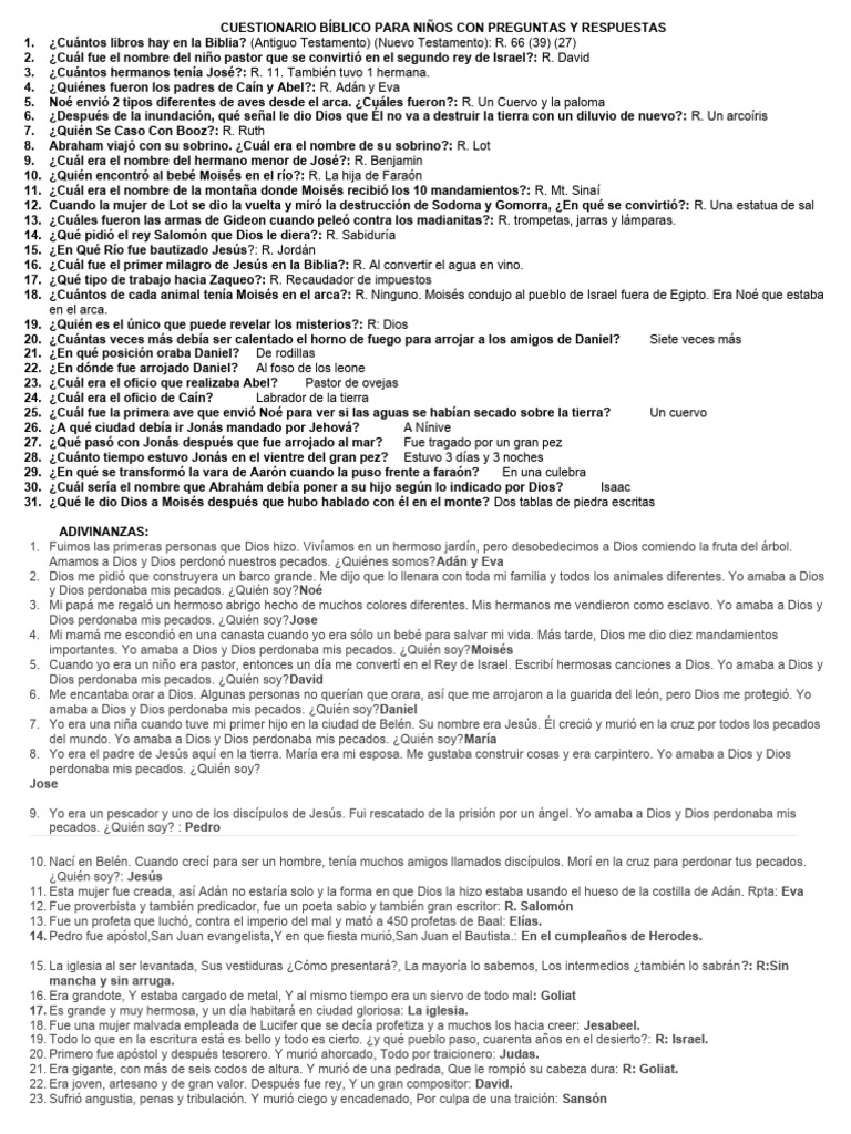 Cuestionario Bíblico Infantil | PDF | Moisés | Noé