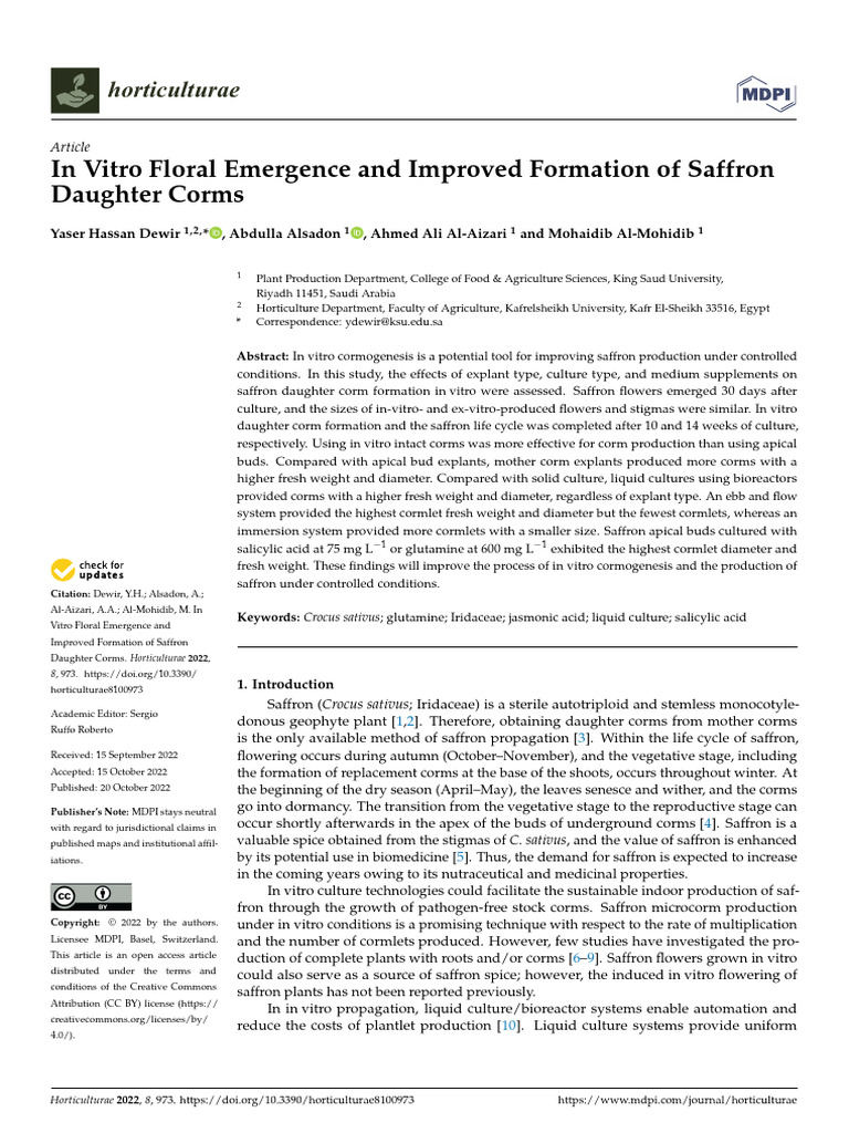 In Vitro Floral Emergence and Improved Formation of Saffron Daughter ...