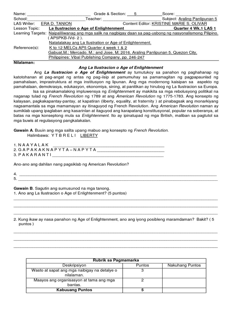 Ap 5 Quarter 4 Week 1 Las 1 | PDF