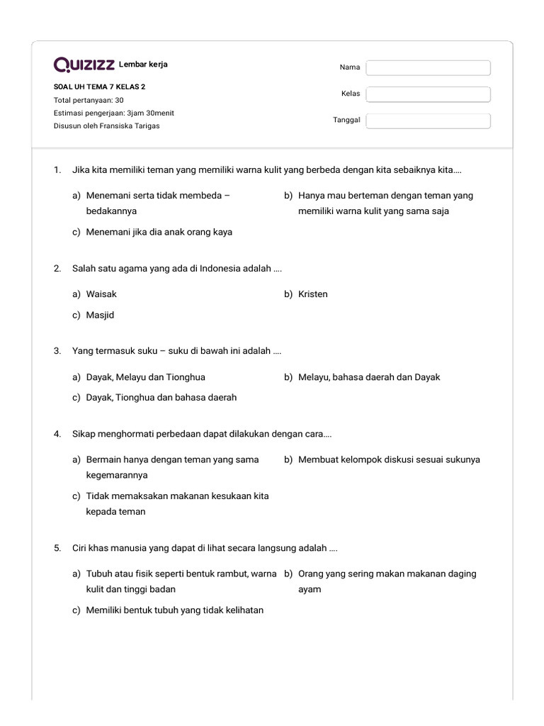 Soal Uh Tema 7 Kelas 2 _ Quizizz | PDF