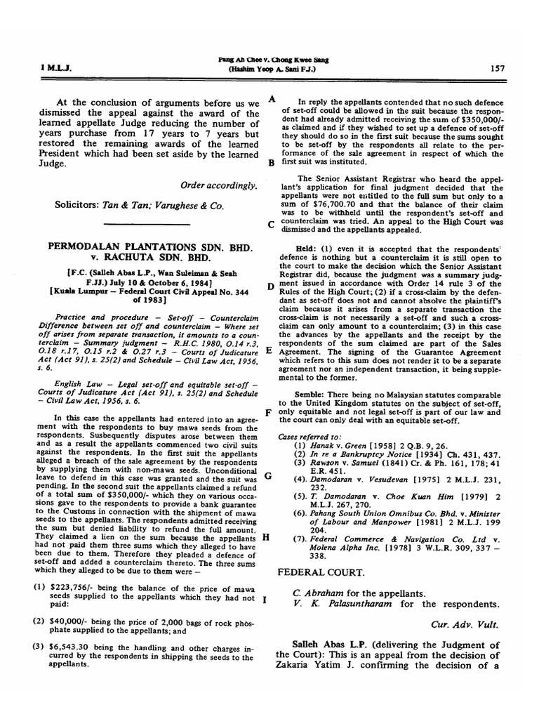 PERMODALAN PLANTATIONS SDN BHD V RACHUTA SDN BHD, (1985) 1 MLJ 157 - Attachment1 | PDF