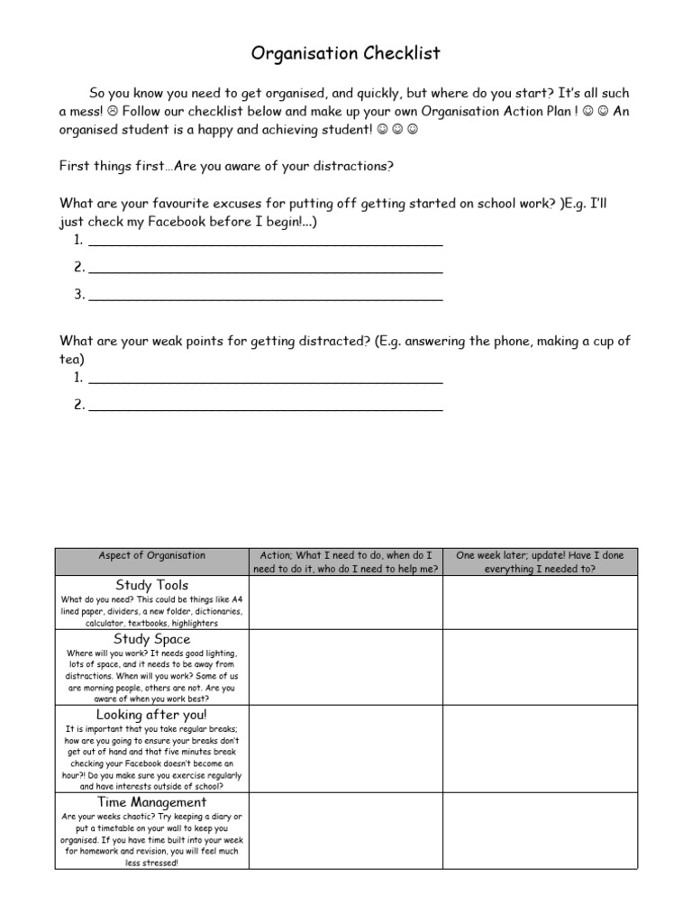 Organisation Checklist | PDF | Homework | Cognitive Science
