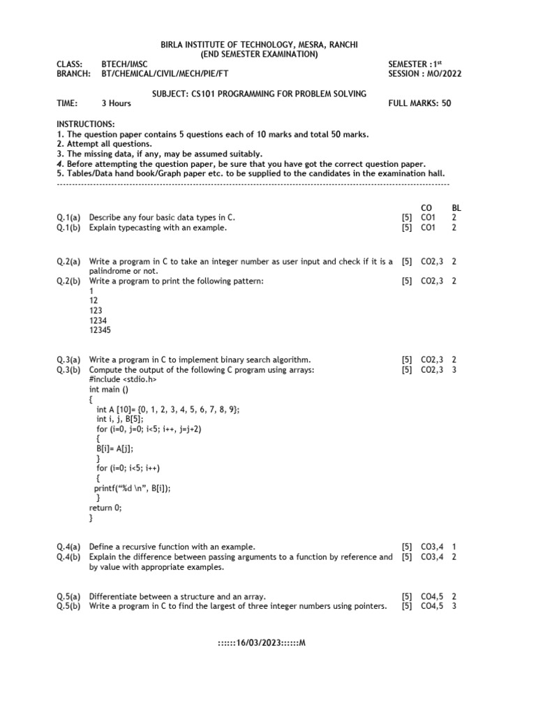 Cs101 Programming For Problem Solving (End - Mo22) | PDF | Applied Mathematics | Theoretical ...