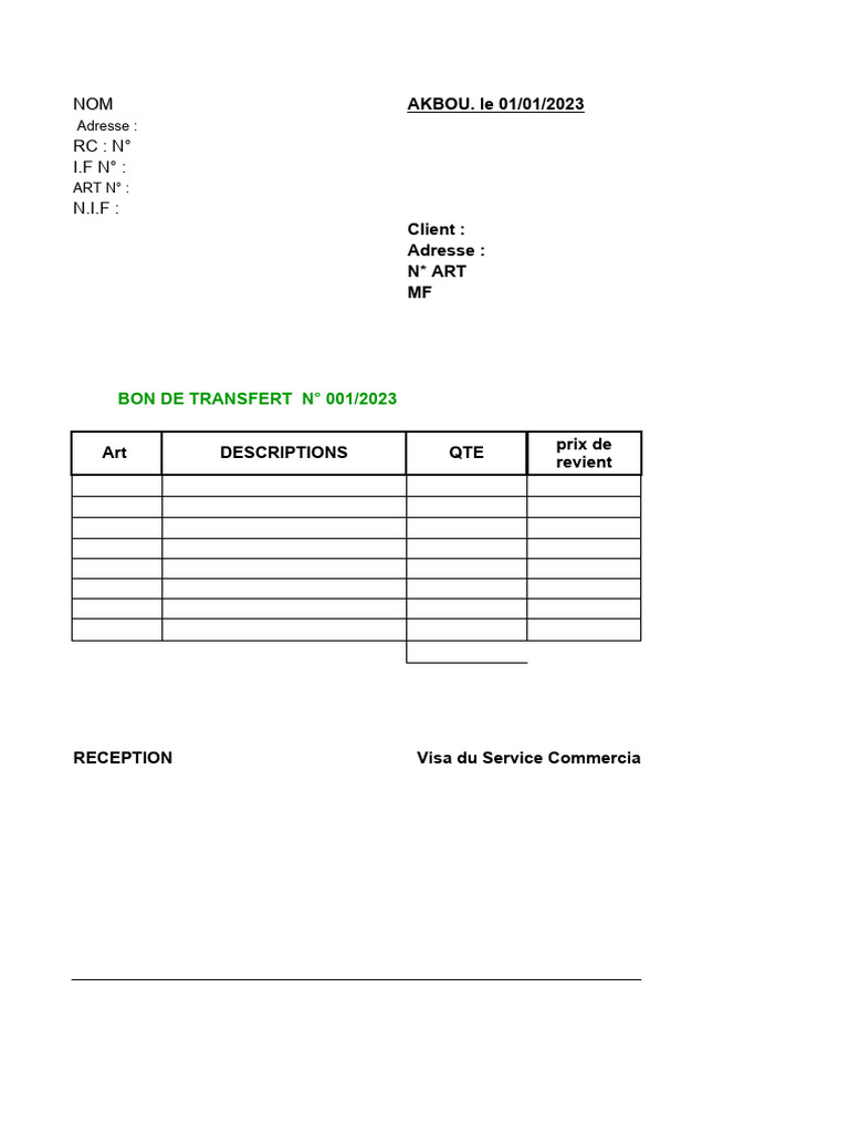 Bon de Transfert N° 001/2023 | PDF