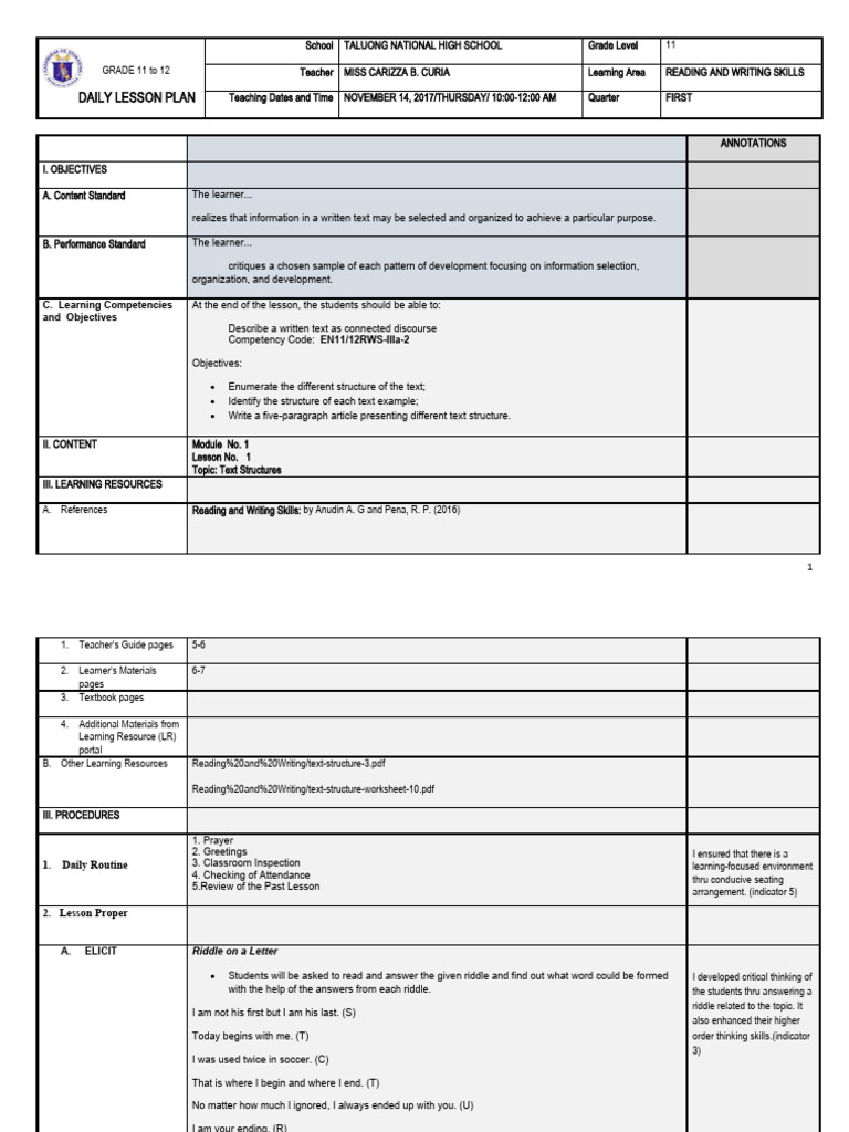 Lesson Plan Cot 1 | PDF | Lesson Plan | Hurricane Katrina