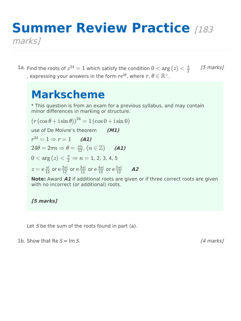Summer Review Practice Entering IB MATH HL Year 2 Id585 | PDF ...