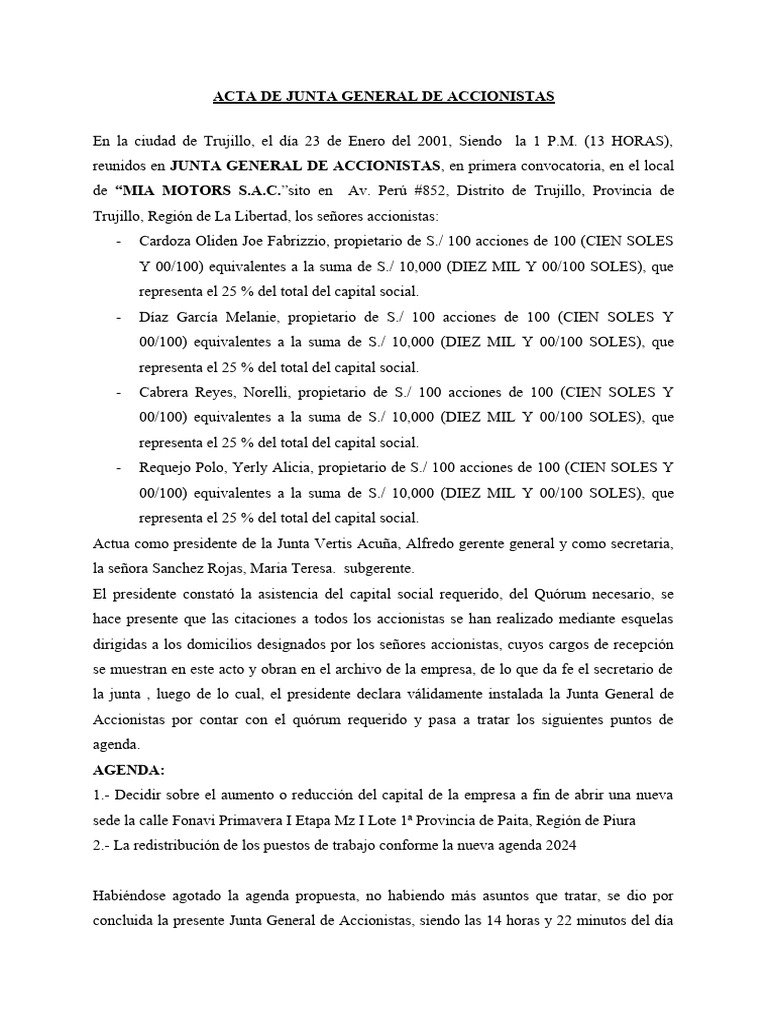 ACTA DE JUNTA GENERAL DE ACCIONISTAS | PDF | Gobierno