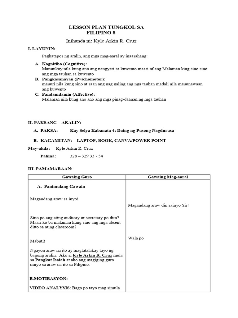 SAMPLE LESSON PLAN IN FILIPINO 8 Template | PDF