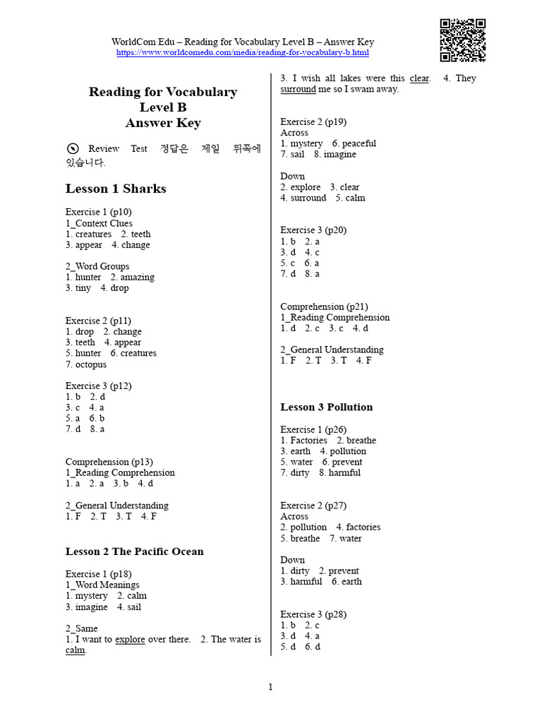 Vocabulary Level B Answer Key | PDF | Language Arts & Discipline ...