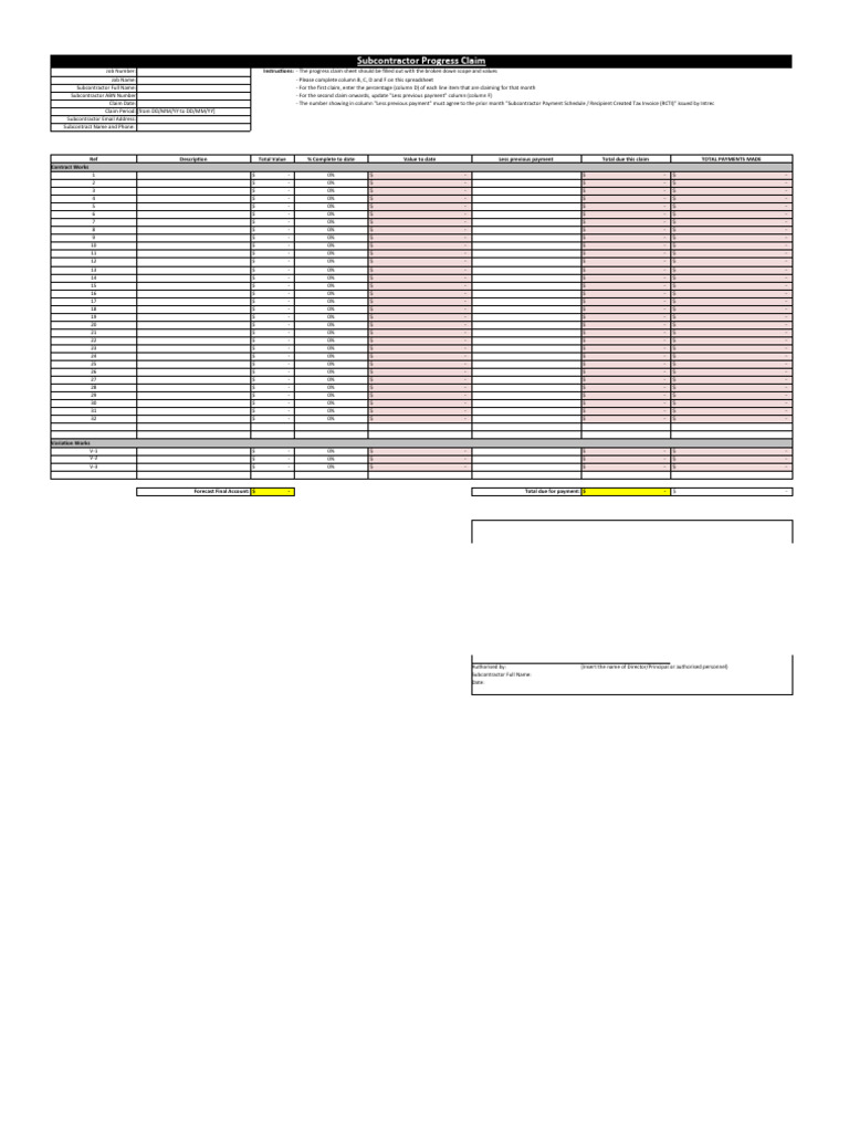 Subcontractor Progress Claim Template | PDF | Business Law