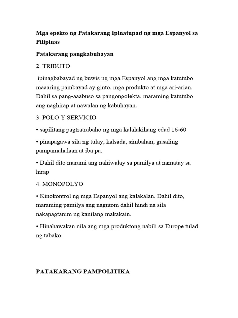 Mga Epekto NG Patakarang Ipinatupad NG Mga Espanyol Sa Pilipinas Patakarang Pangkabuhayan | PDF