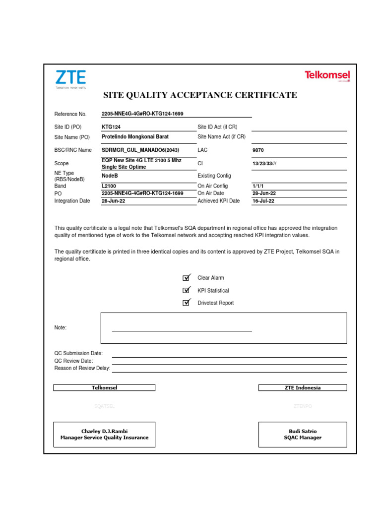 Site Quality Acceptance Certificate: Sqatsel Ztenpo | PDF ...