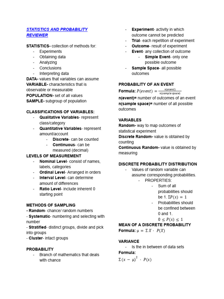 Statistics and Probability Reviewer | PDF | Probability Distribution ...