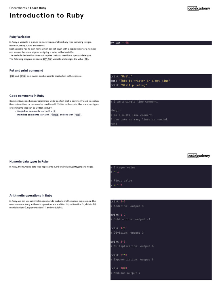 Learn Ruby Introduction To Ruby Cheatsheet Codecademy Pdf Data Type Boolean Data Type 