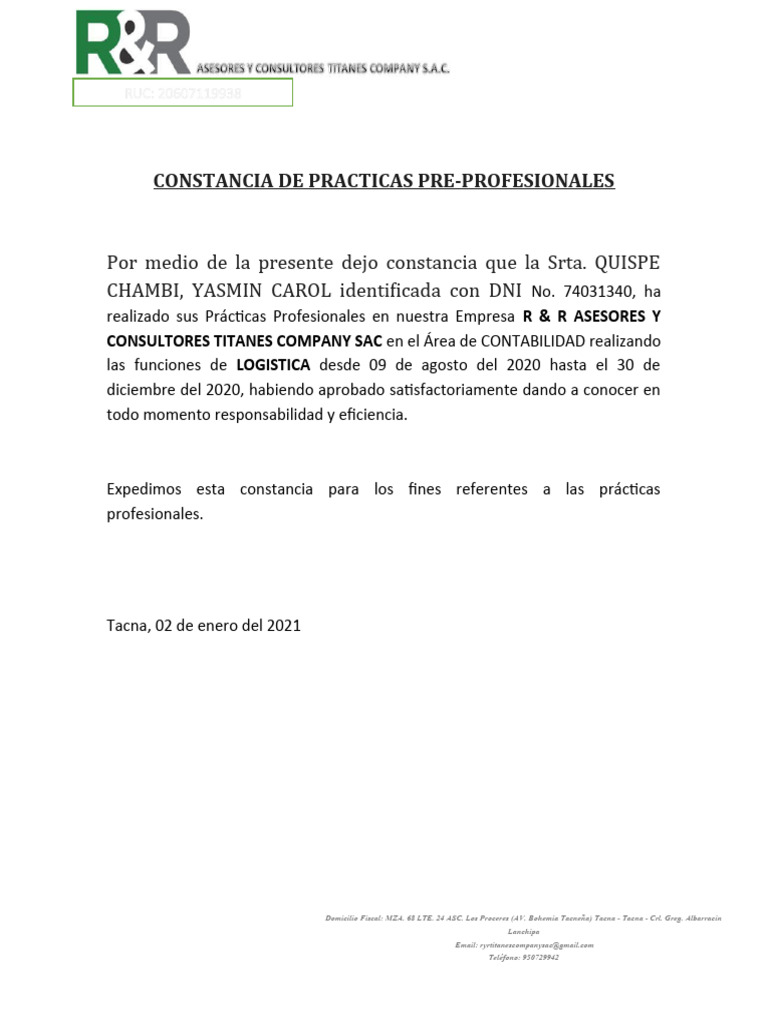 CONSTANCIA DE PRACTICAS PRE PROFESIONALES | PDF