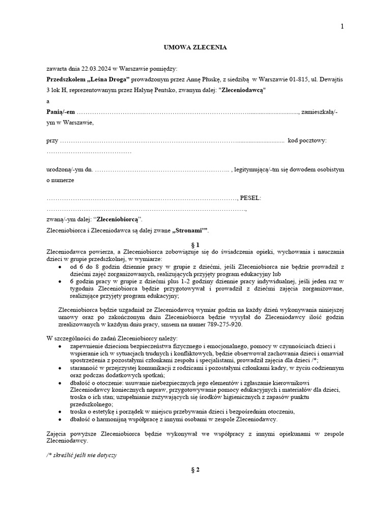 Umowa Zlecenia Na Zastępswo | PDF