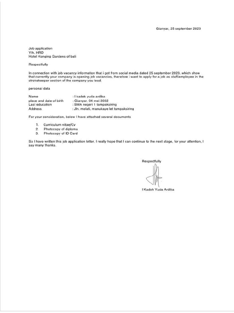 Application Letter I Kadek Yuda Ardika | PDF