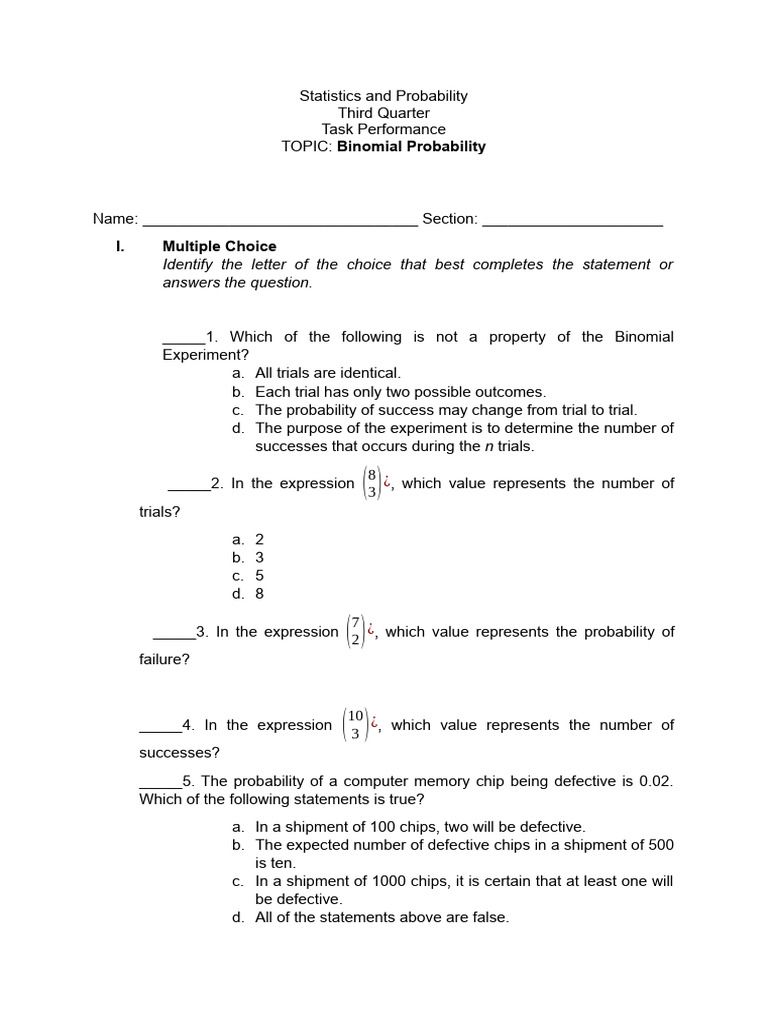 3rd Quarter Task Performance Stat Prob | PDF | Probability | Seed