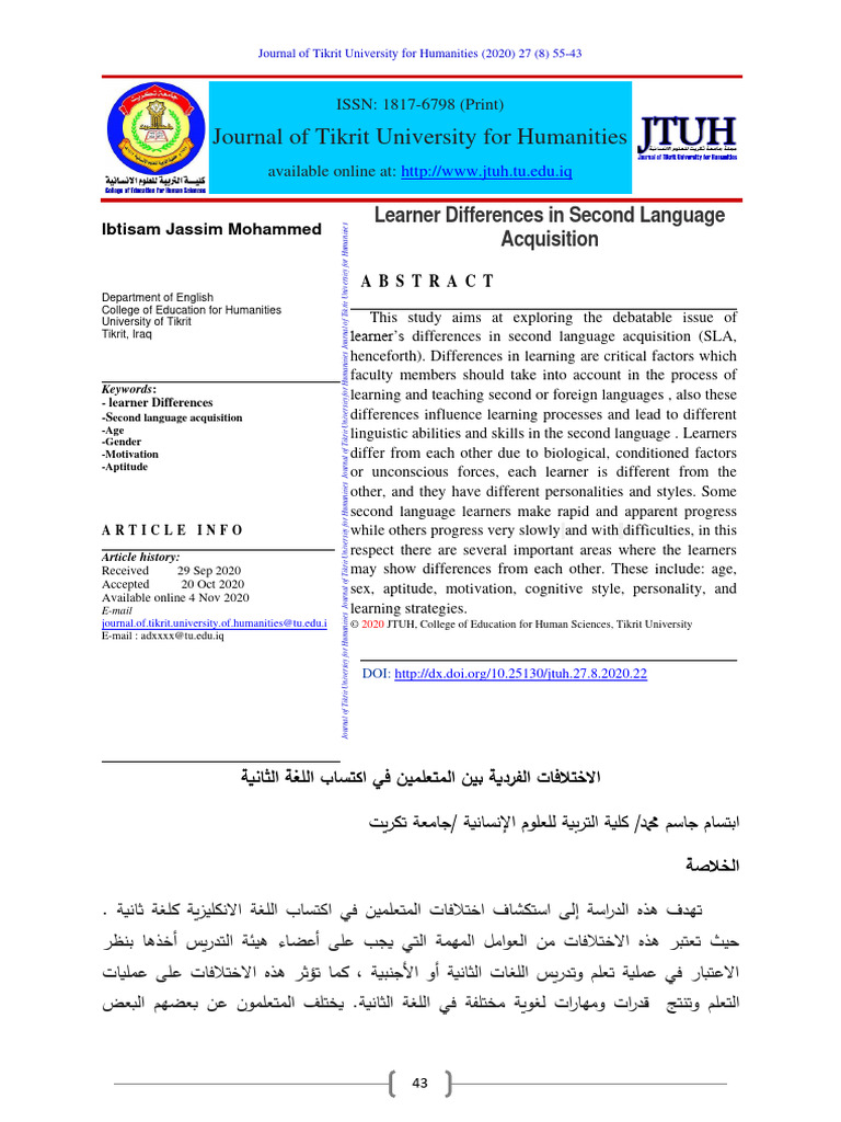 Learner Differences in Second Language A | PDF