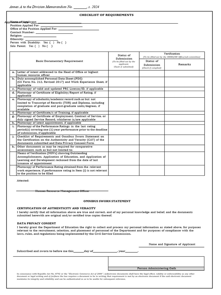 Annex C - Checklist of Requirements and Omnibus Sworn Statement 1 | PDF ...