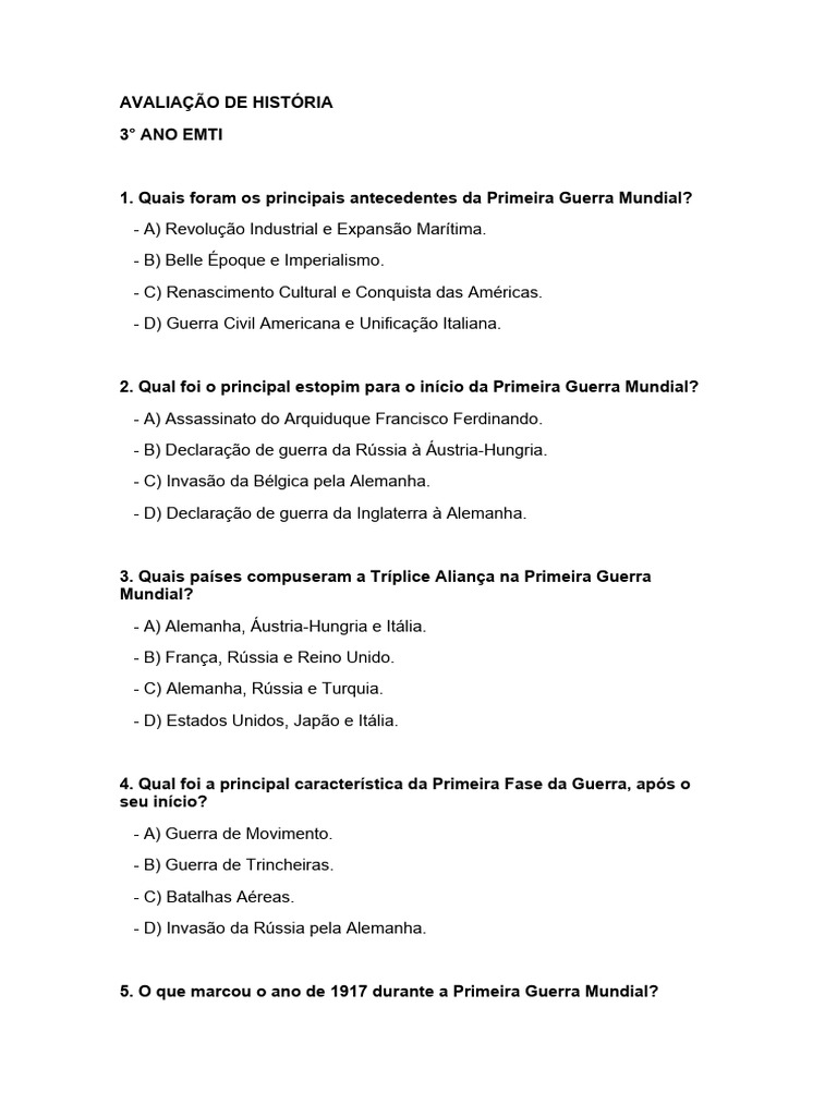 Avaliação de História 3 Ano Emti | PDF | Primeira Guerra Mundial ...