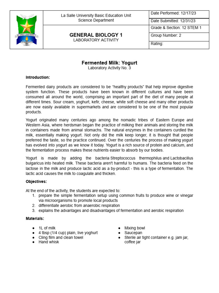 LAB-PT-Yogurt-Fermentation.docx | PDF | Yogurt | Fermentation