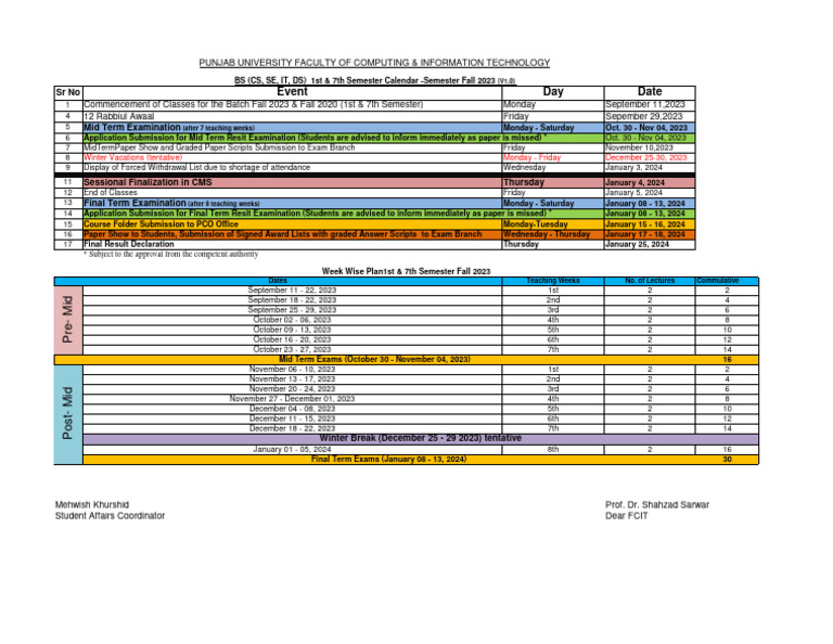 7th Semester Academic Calendar Fall 2023 | PDF | Academic Term | Schools