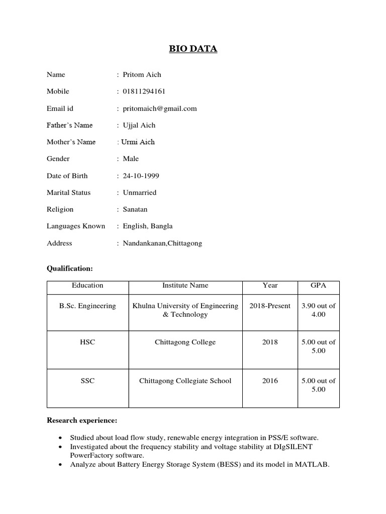 Bio Data: Qualification | PDF | Electrical Engineering | Electricity