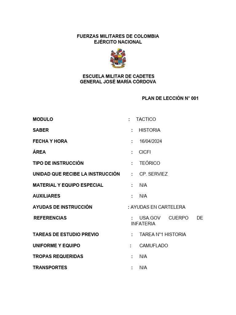 PLAN DE LECCION HISTORIA MILITAR | PDF | Política de defensa | Ciencia militar