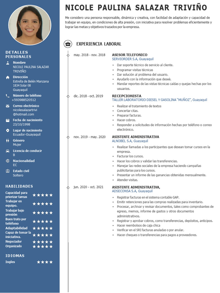 CV Nicole Paulina Salazar Trivino | PDF | Soporte técnico | Contabilidad