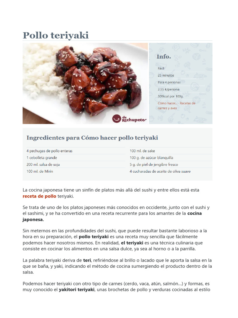 Pollo Teriyaki | PDF | Arroz | Cocinando