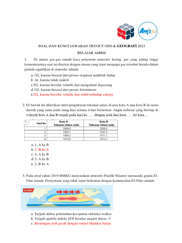 Soal Dan Kunci Jawaban Tryout Osn-K Geografi | PDF