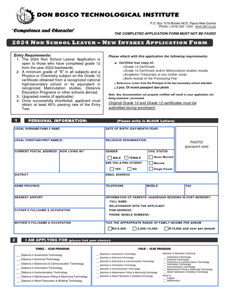 DBTI 2024 Non-School Leaver Application | PDF | Bachelor's Degree | Diploma