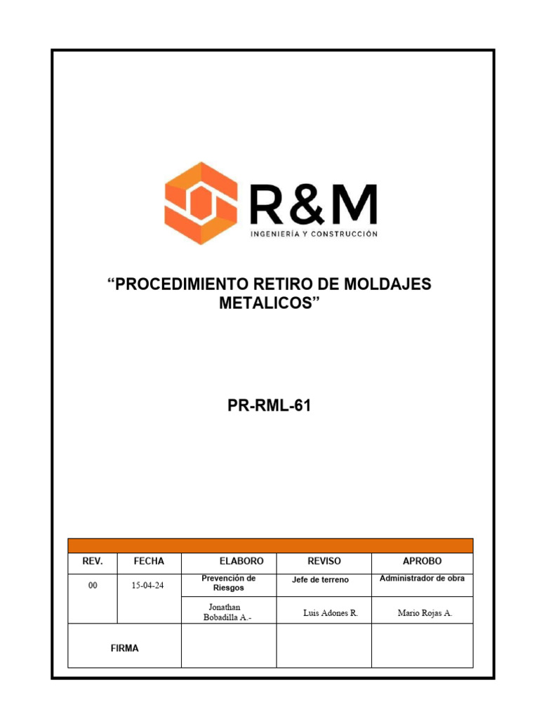 PR-RML-61 Procedimiento Retiro Moldaje v1 | PDF | Hormigón
