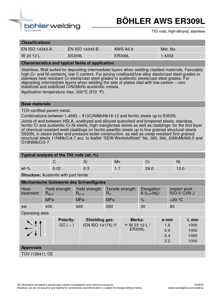 L1 34428 en B Boehler-AWS-ER309L Ss en 1 | PDF | Steel | Stainless Steel