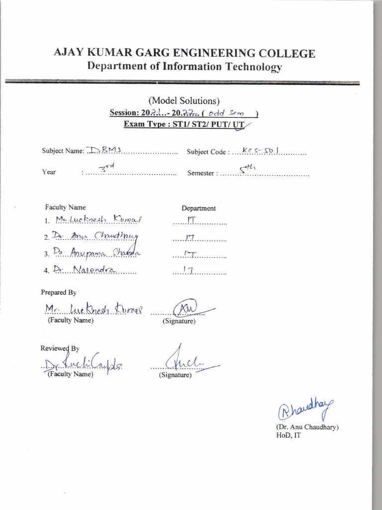 Database Management System KCS-501 UT Sol ODD 21-22 | PDF