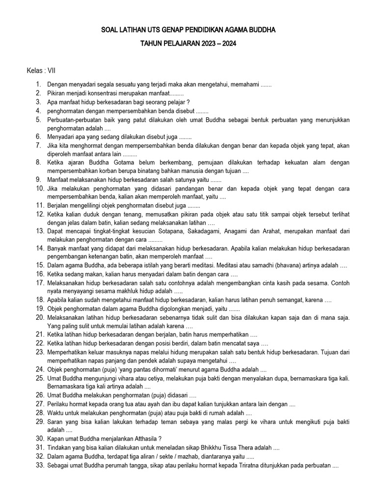 Soal Latihan UTS Genap Agama Buddha Kls VII 23-24 | PDF