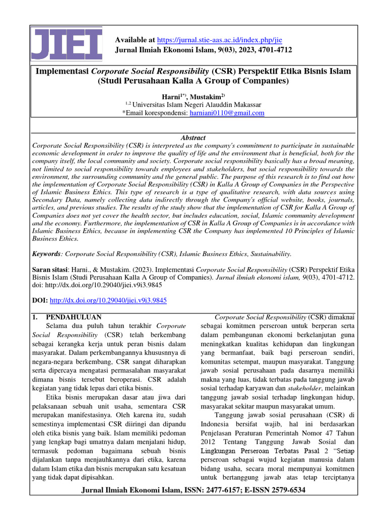 Implementasi Corporate Social Responsibility (CSR) Perspektif Etika Bisnis Islam (Studi ...