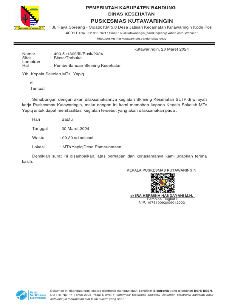 Surat Pemberitahuan Pelaksanaan Skrining Kesehatan MTs Yapiq 28 Maret ...