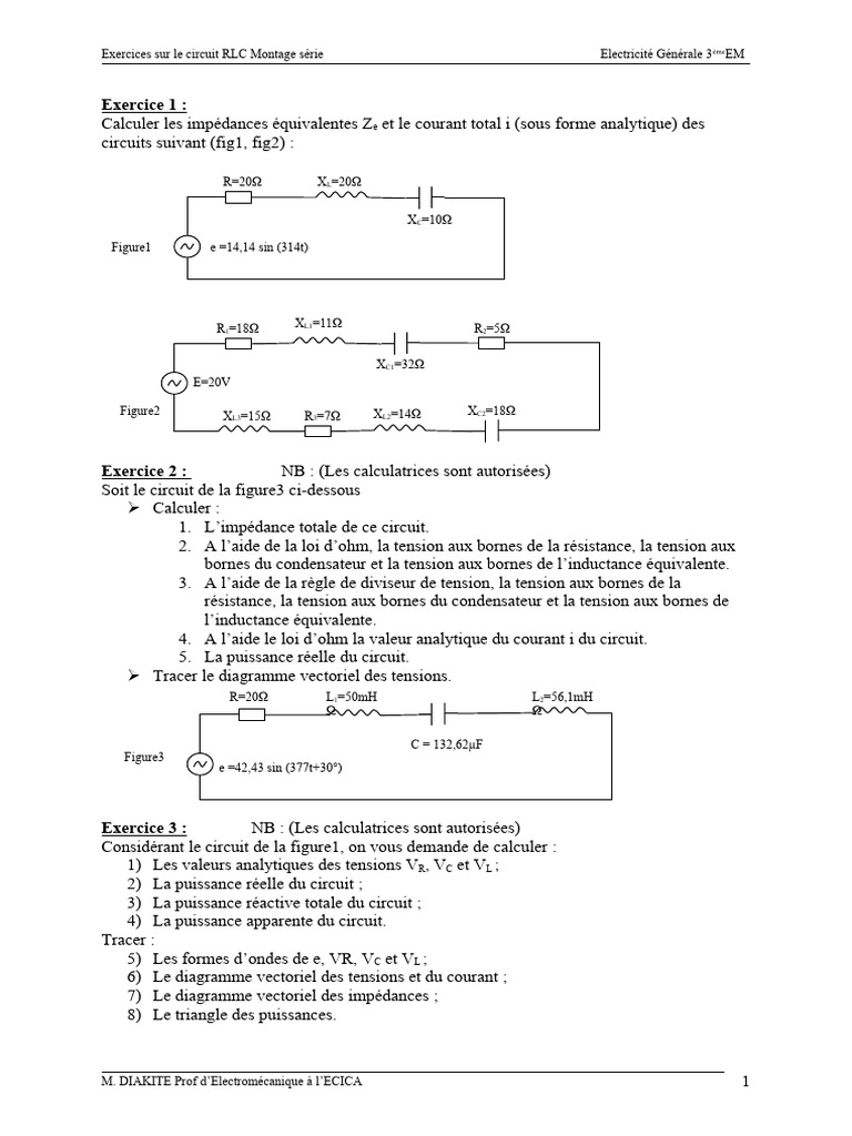 Exercice Circuit RLC Série | PDF | Impédance (électricité) | Puissance ...