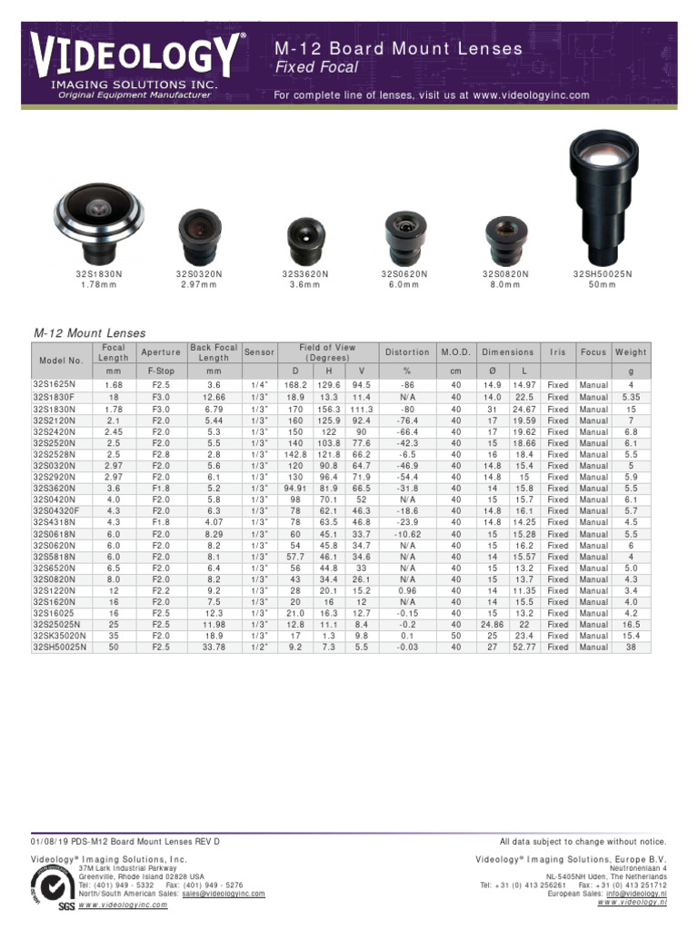 PDS m12 Board Mount Lenses | PDF | Camera Lens | Photography Equipment