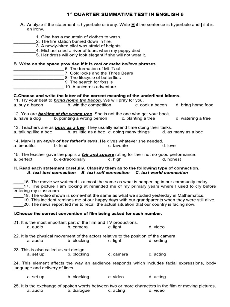 English 6: 1st Quarter Test Guide | PDF