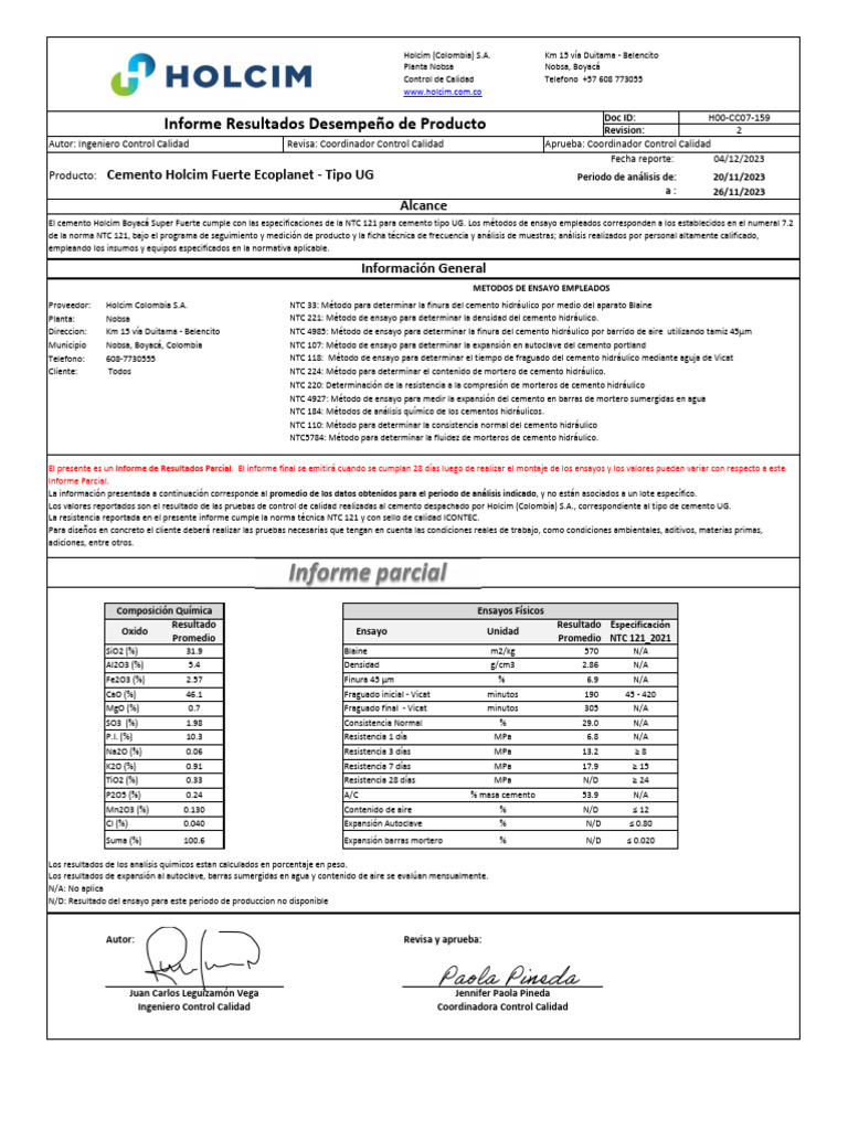 Certificado Holcim 05 Diciembre 2023 | PDF | Cemento | Producción y ...
