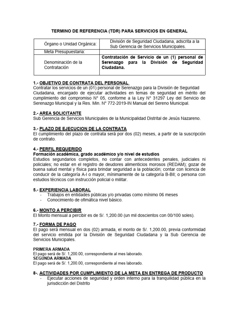 Tdr Del Personal Sereno Pdf Policía Gobierno